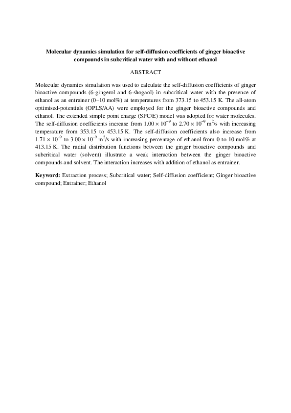 (PDF) Molecular dynamics simulation for self-diffusion coefficients of ginger bioactive ...