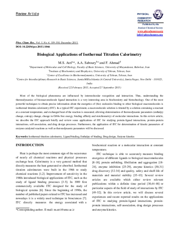 (PDF) Biological Applications of Isothermal Titration Calorimetry