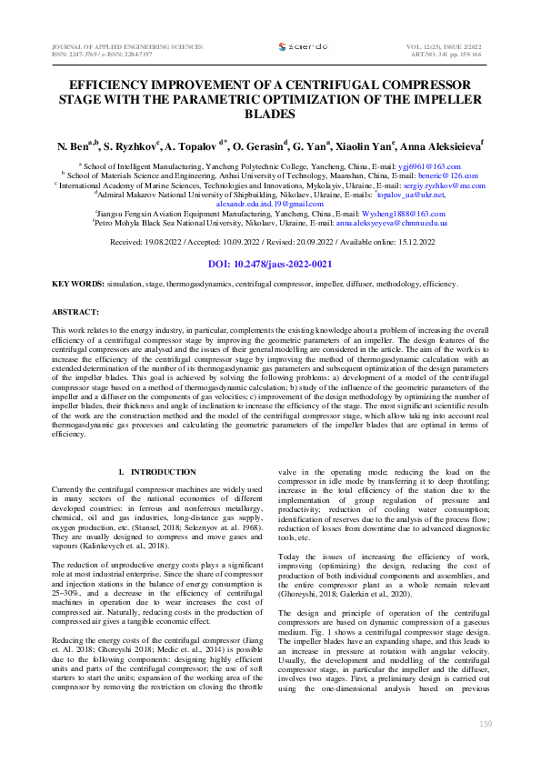 Pdf Efficiency Improvement Of A Centrifugal Compressor Stage With The Parametric Optimization