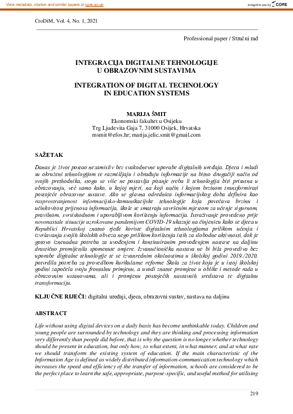 (PDF) Integration of Digital Technology in Education Systems