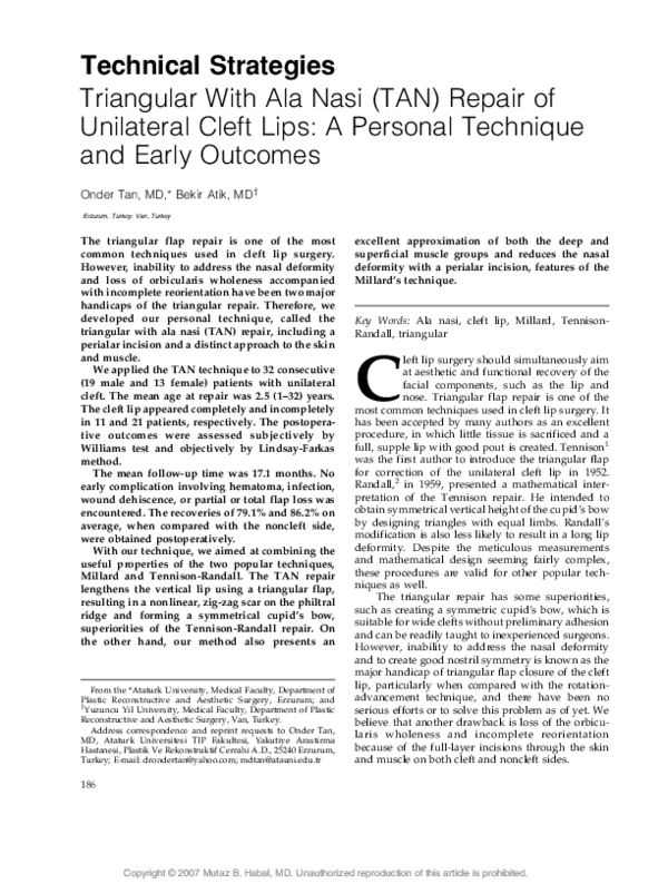 (PDF) Triangular With Ala Nasi (TAN) Repair of Unilateral Cleft Lips