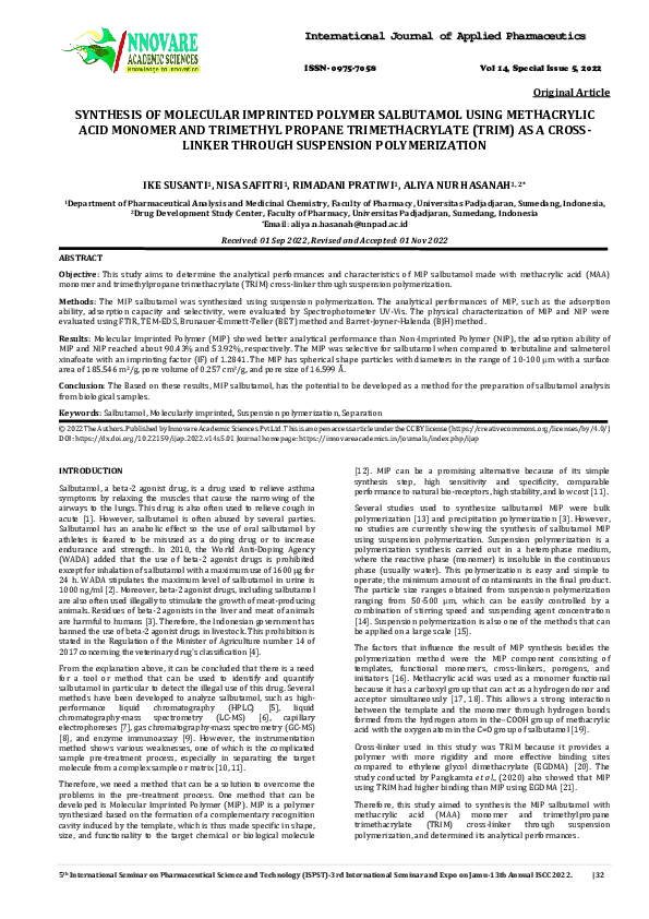 (PDF) SYNTHESIS OF MOLECULAR IMPRINTED POLYMER SALBUTAMOL USING ...