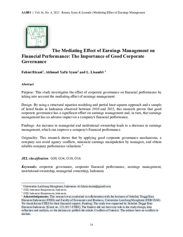 (PDF) Mediating Effect of Earnings Management on Financial Performance: The Importance of Good ...