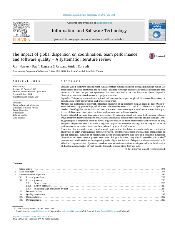 (PDF) The impact of global dispersion on coordination, team performance and software quality – A ...
