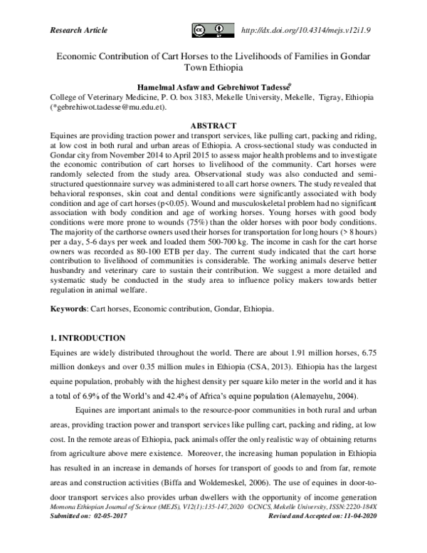 (PDF) Economic Contribution of Cart Horses to the Livelihoods of ...