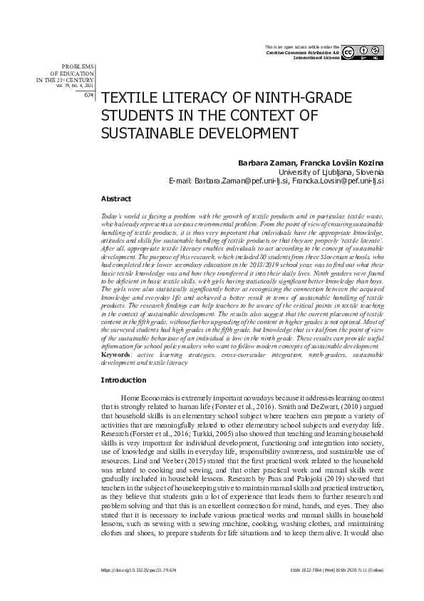 (PDF) Textile Literacy of Ninth-Grade Students in the Context of ...