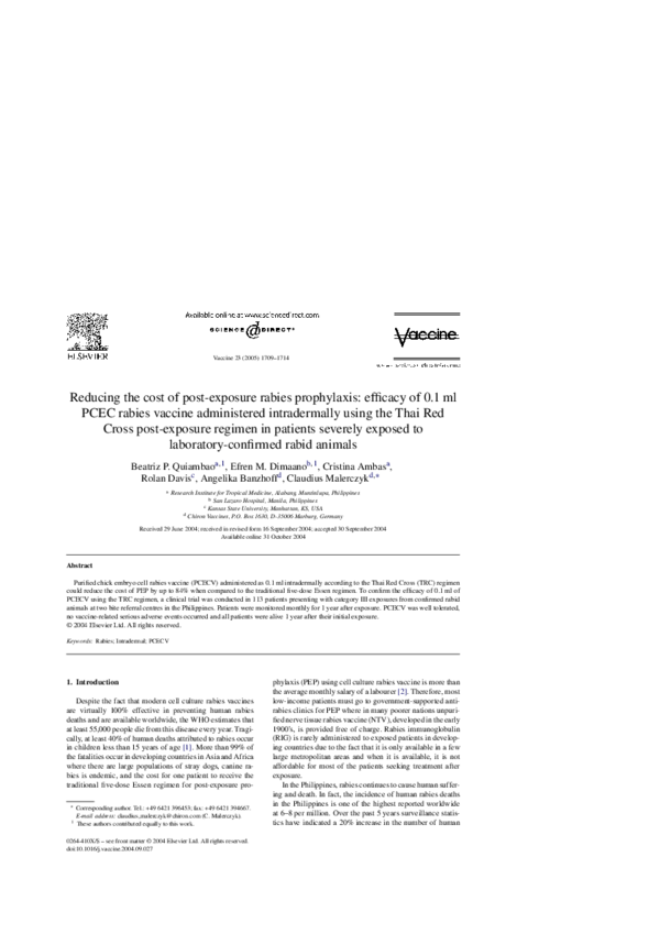 (PDF) Reducing the cost of post-exposure rabies prophylaxis: efficacy ...