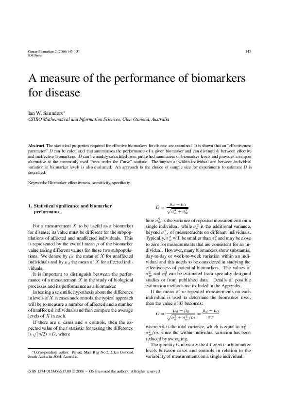 (PDF) A measure of the performance of biomarkers for disease