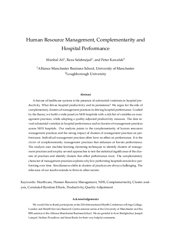 (PDF) Human Resource Management , Complementarity and Hospital Performance
