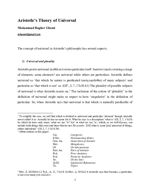 (PDF) Aristotle's Theory of Universal