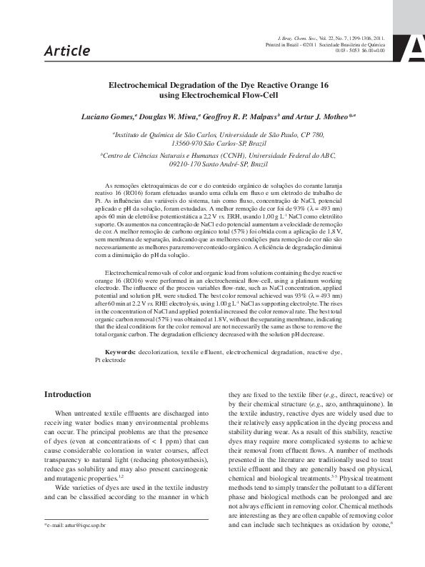 (PDF) Electrochemical degradation of the dye reactive orange 16 using electrochemical flow-cell ...