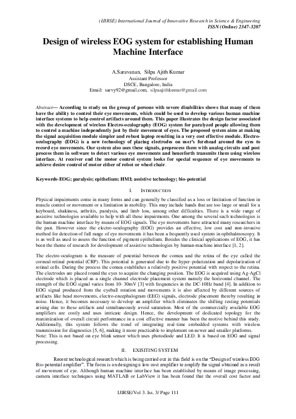 (PDF) Design of wireless EOG system for establishing Human Machine Interface