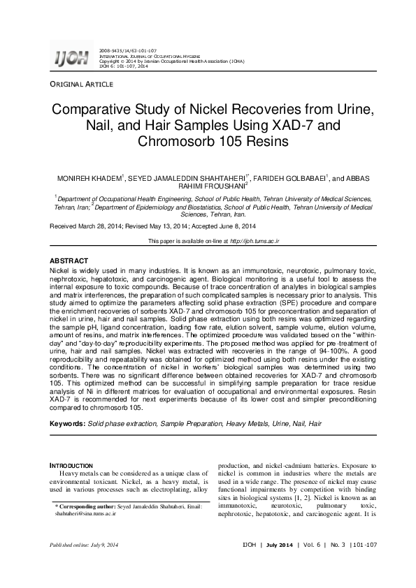 (PDF) Comparative Study of Nickel Recoveries from Urine, Nail, and Hair ...