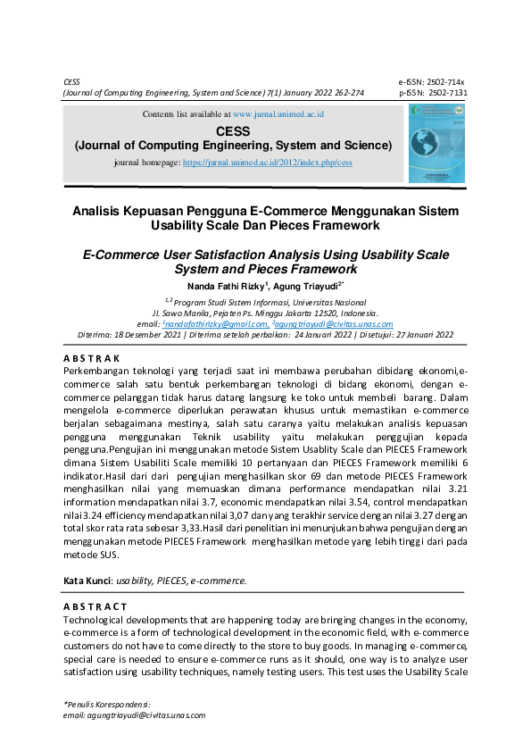 (PDF) E-Commerce User Satisfaction Analysis Using Usability Scale System and Pieces Framework
