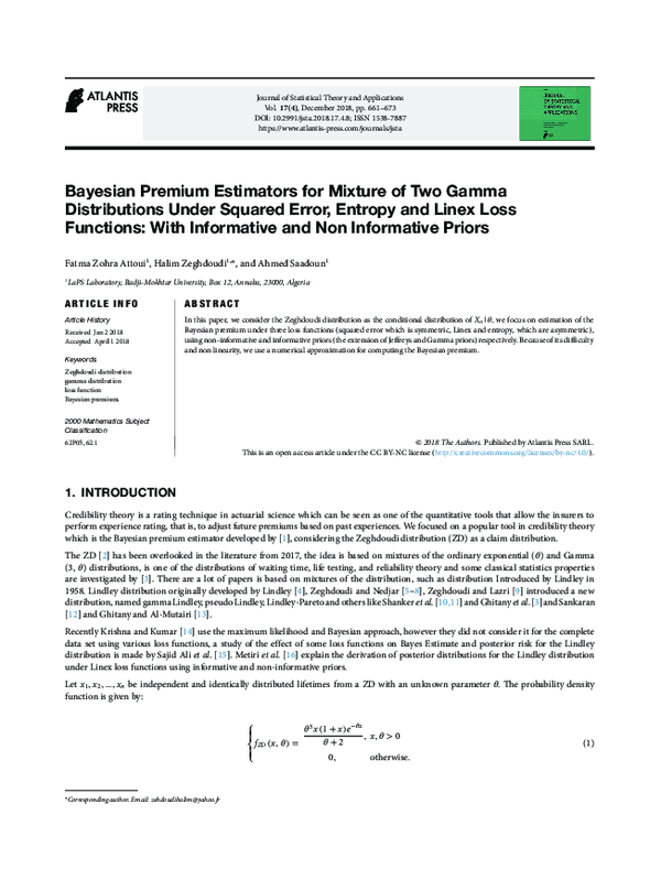 Pdf Bayesian Premium Estimators For Mixture Of Two Gamma Distributions Under Squared Error