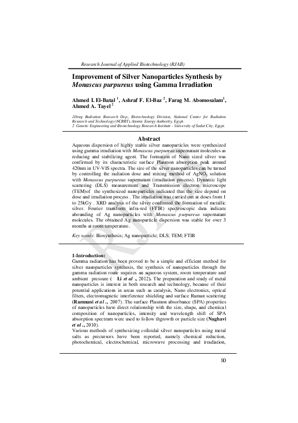 (PDF) Improvement of Silver Nanoparticles Synthesis by Monascus purpureus using Gamma Irradiation