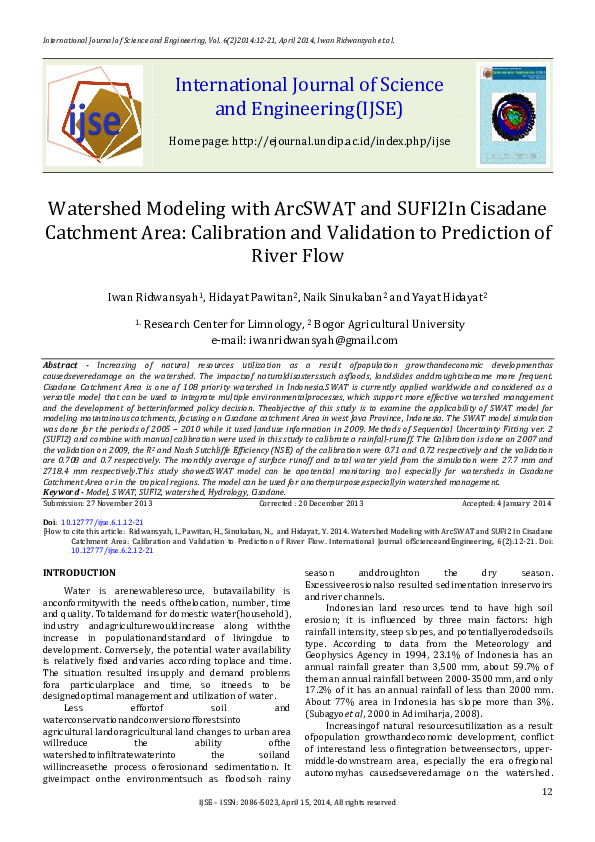 (PDF) Watershed Modeling with ArcSWAT and SUFI2 In Cisadane Catchment Area: Calibration and ...