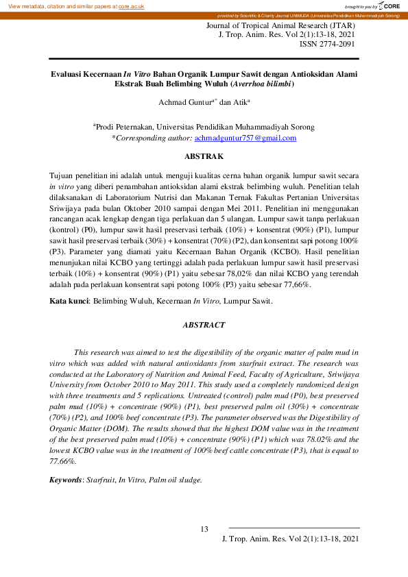 (PDF) Evaluasi Kecernaan In Vitro Bahan Organik Lumpur Sawit dengan Antioksidan Alami Ekstrak ...