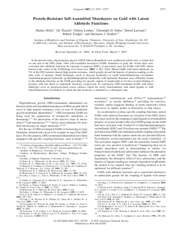 (PDF) Protein-Resistant Self-Assembled Monolayers on Gold with Latent Aldehyde Functions