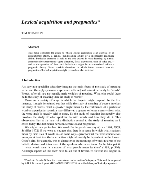 (PDF) Lexical acquisition and pragmatics