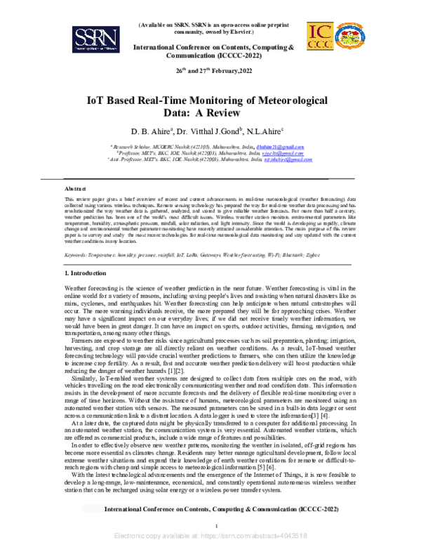Pdf Iot Based Real Time Monitoring Of Meteorological Data A Review Dnyaneshwar B Ahire