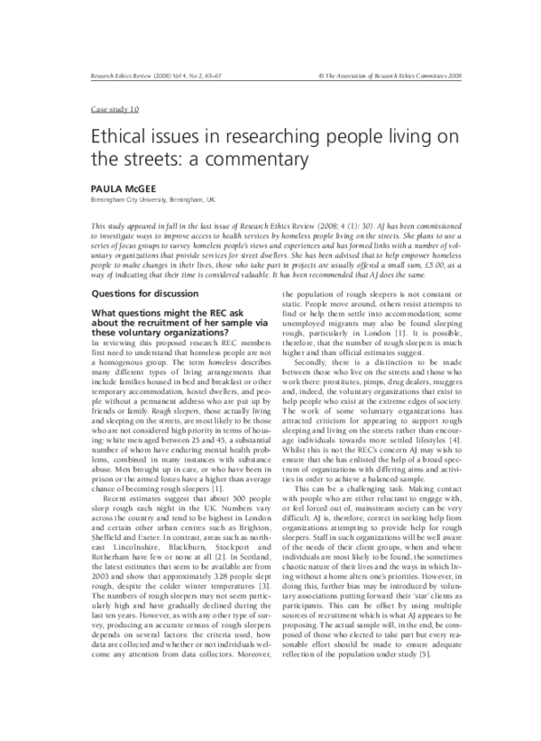 (PDF) Ethical Issues in Researching People Living on the Streets: A ...
