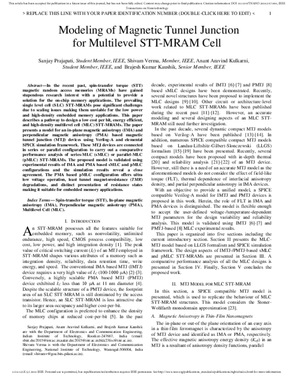 Pdf Modeling Of A Magnetic Tunnel Junction For A Multilevel Stt Mram Cell
