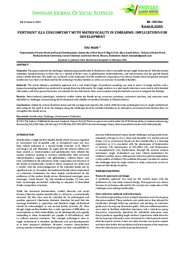 (PDF) PERTINENT ILLS CONCOMITANT WITH MATRIFOCALITY IN ZIMBABWE ...