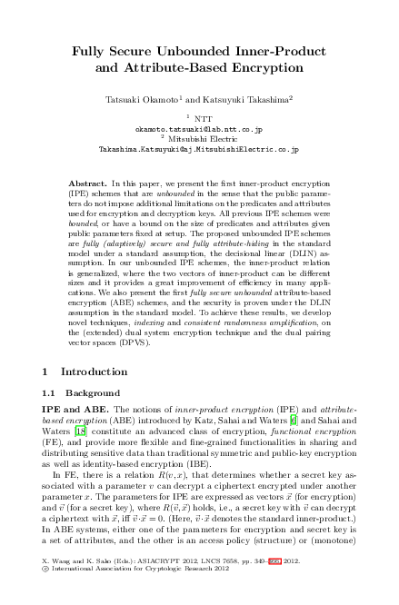 Pdf Fully Secure Unbounded Inner Product And Attribute Based Encryption