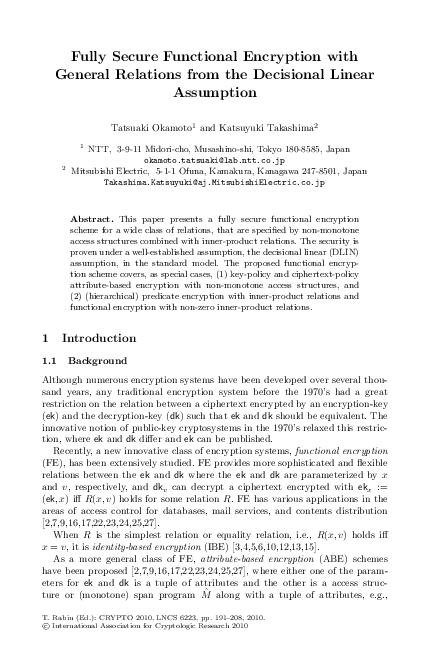 (PDF) Fully Secure Functional Encryption with General Relations from the Decisional Linear ...
