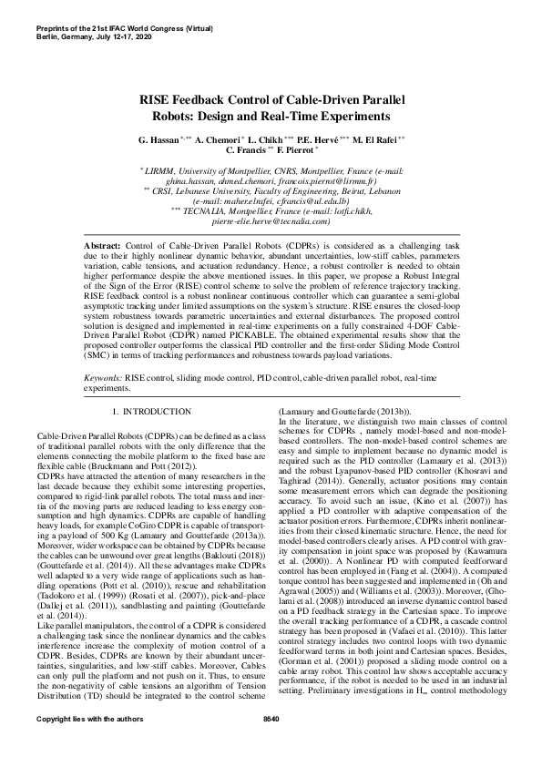 (PDF) RISE Feedback Control of Cable-Driven Parallel Robots: Design and Real-Time Experiments
