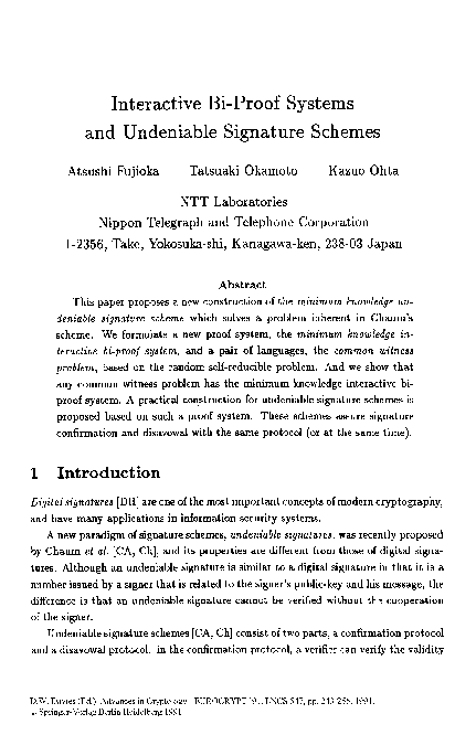 Pdf Interactive Bi Proof Systems And Undeniable Signature Schemes Tatsuaki Okamoto