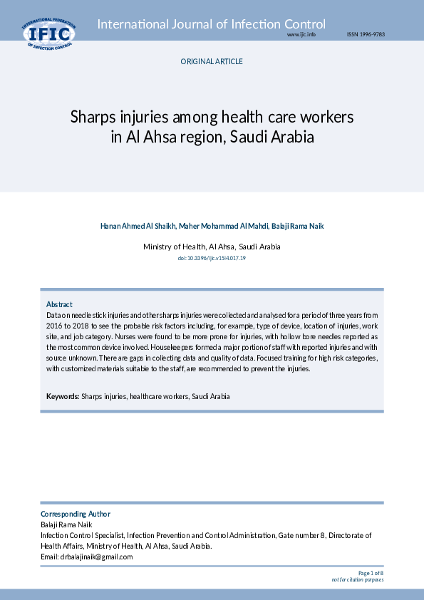 (PDF) Sharps injuries among health care workers in Al Ahsa region, Saudi Arabia