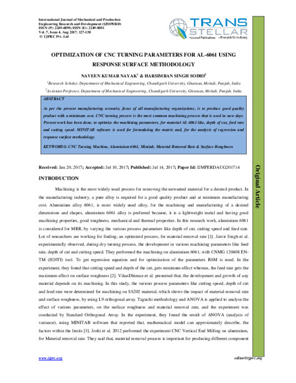 Pdf Optimization Of Cnc Turning Parameters For Al 6061 Using Response