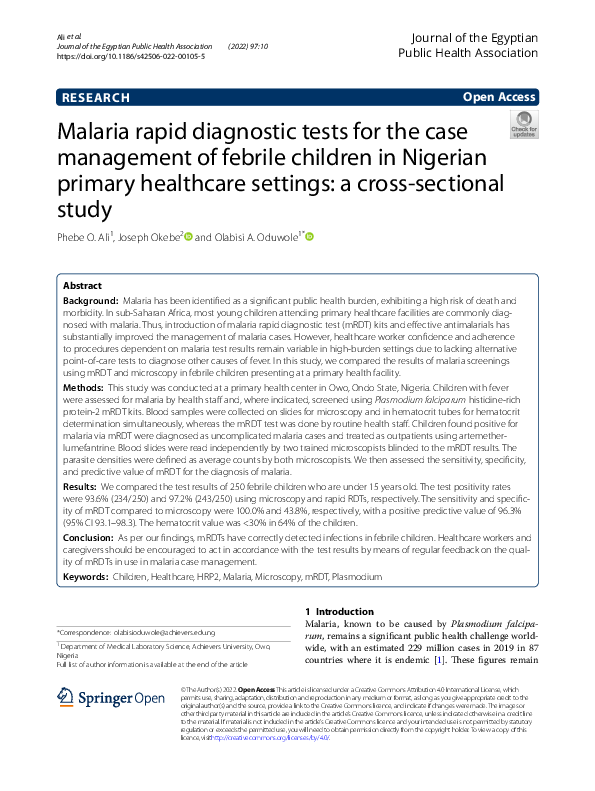 (PDF) Malaria rapid diagnostic tests for the case management of febrile ...