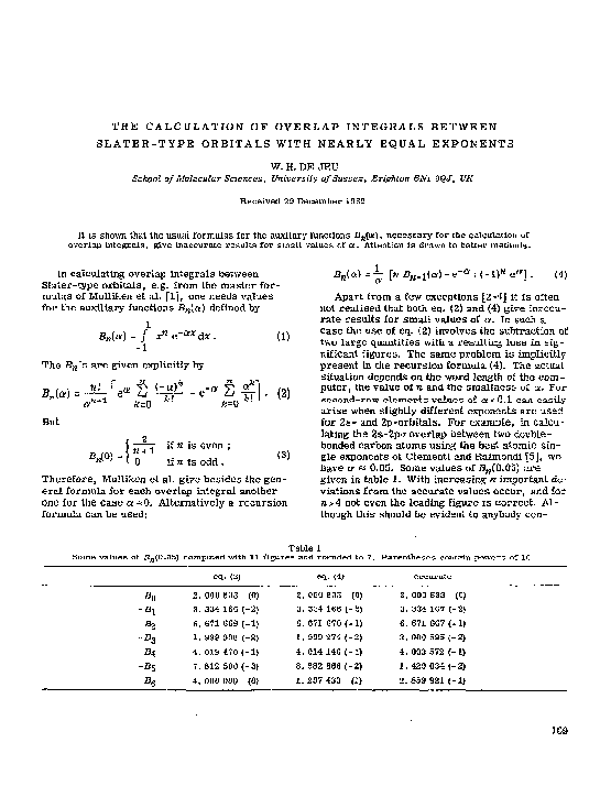 Pdf The Calculation Of Overlap Integrals Between Slater Type Orbitals