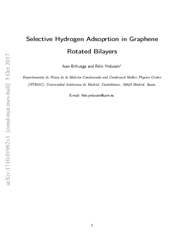 (PDF) Selective Hydrogen Adsoprtion in Graphene Rotated Bilayers