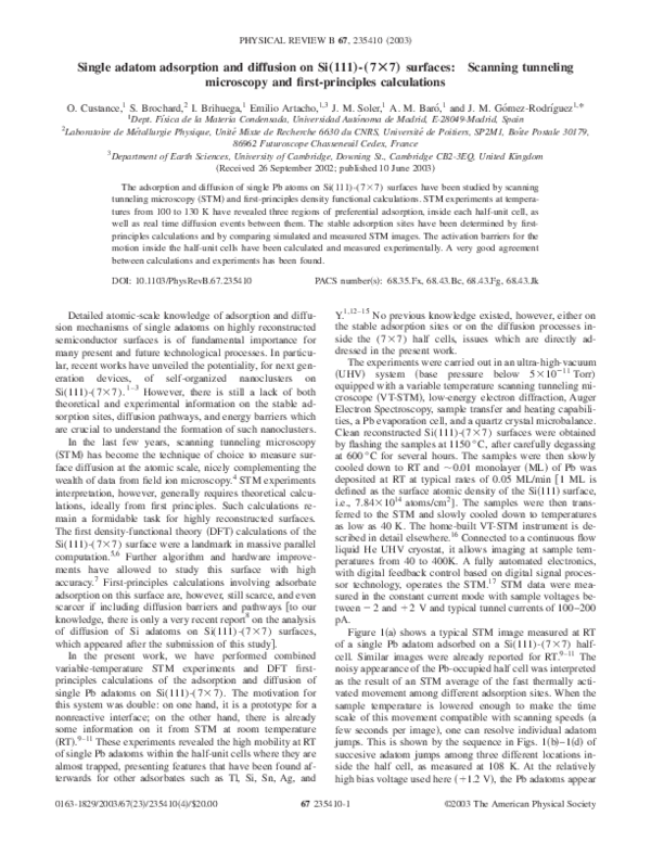 (PDF) Single adatom adsorption and diffusion on Si(111)-(7x7) surfaces ...