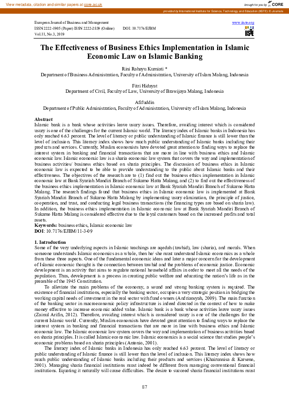 (PDF) The Effectiveness of Business Ethics Implementation in Islamic ...