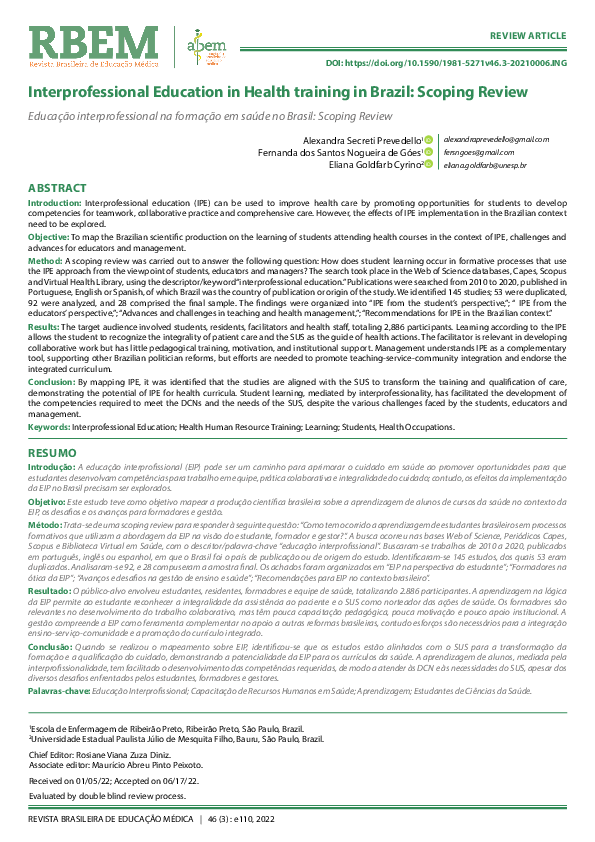 (PDF) Interprofessional Education in Health training in Brazil: Scoping Review
