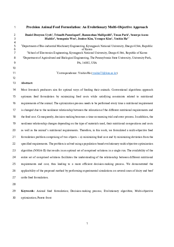 (PDF) Precision animal feed formulation: An evolutionary multi-objective approach