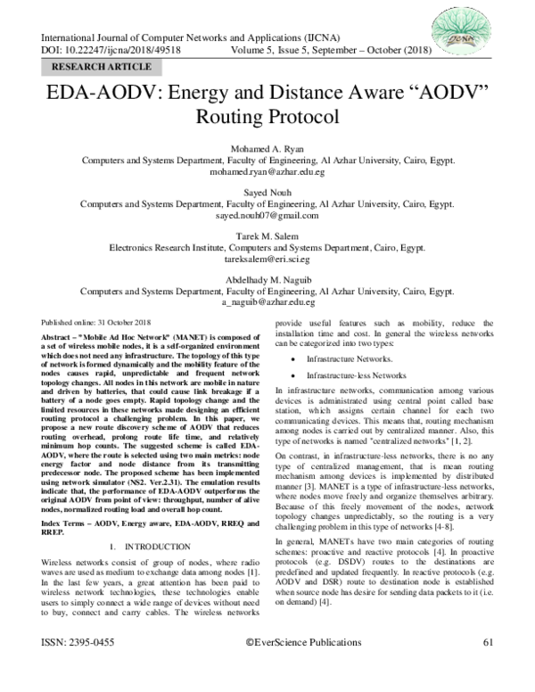(PDF) EDA-AODV: Energy and Distance Aware “AODV” Routing Protocol