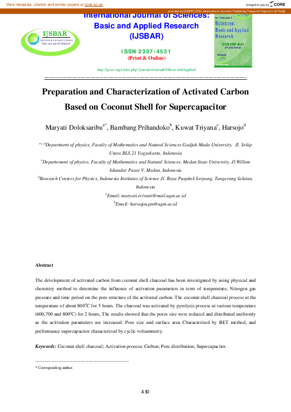 (PDF) Preparation and Characterization of Activated Carbon Based on Coconut Shell for Supercapacitor