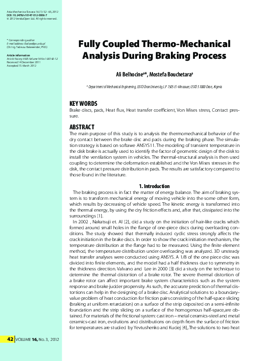(PDF) Fully Coupled Thermo-Mechanical Analysis During Braking Process ...