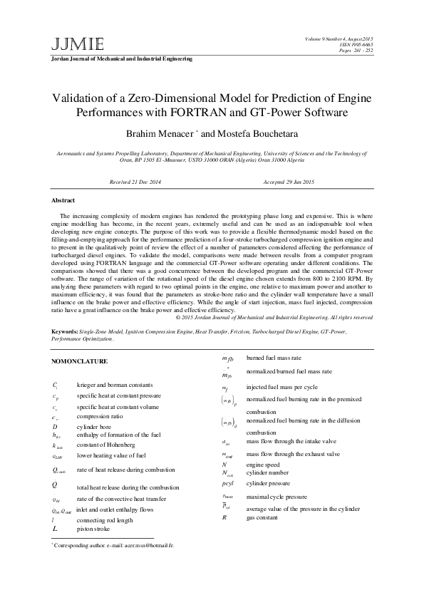 Pdf Validation Of A Zero Dimensional Model For Prediction Of Engine Performances With Fortran