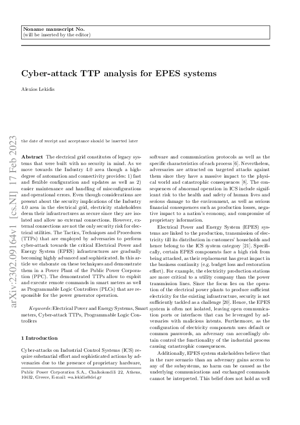 (PDF) Cyber-attack TTP analysis for EPES systems
