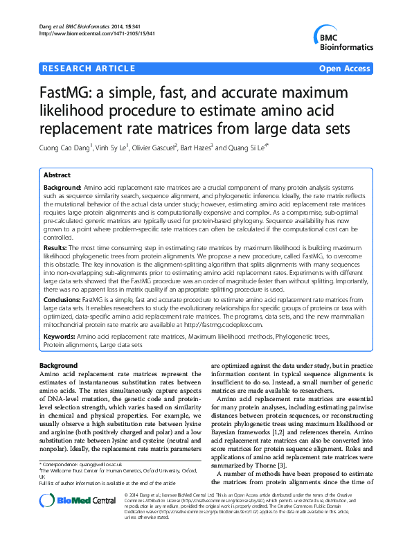 (PDF) FastMG: a simple, fast, and accurate maximum likelihood procedure to estimate amino acid ...