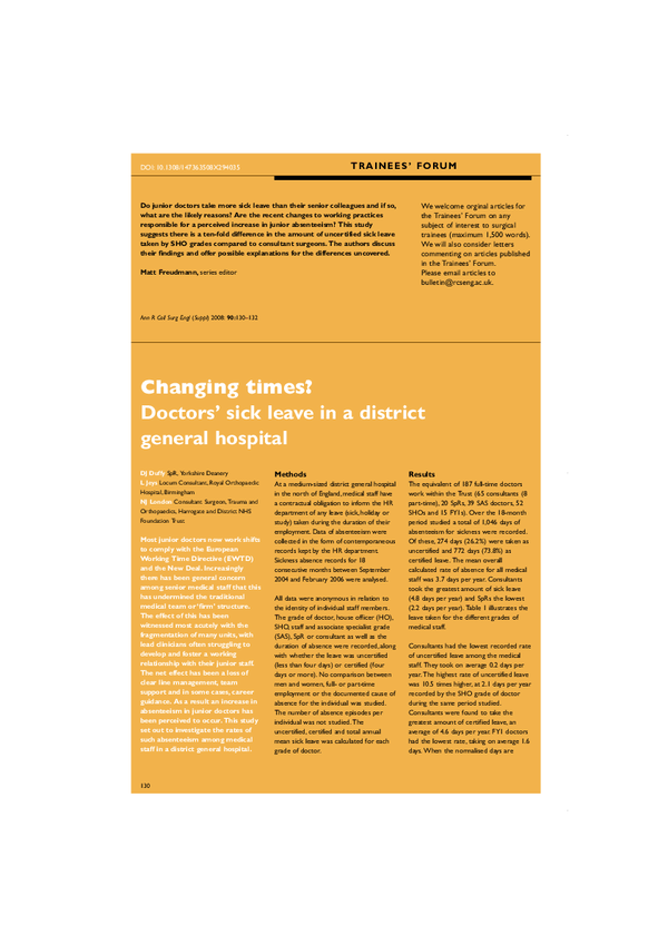 (PDF) Changing times? Doctors' sick leave in a district general hospital