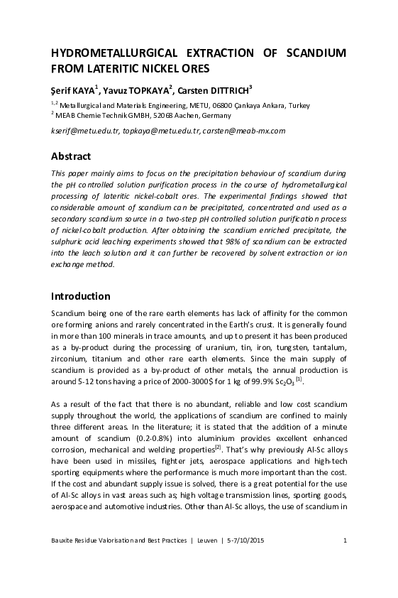(PDF) Hydrometallurgical Extraction of Scandium from Lateritic Nickel Ores