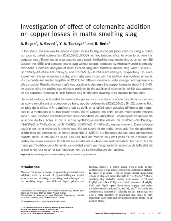 (PDF) Investigation of effect of colemanite addition on copper losses ...